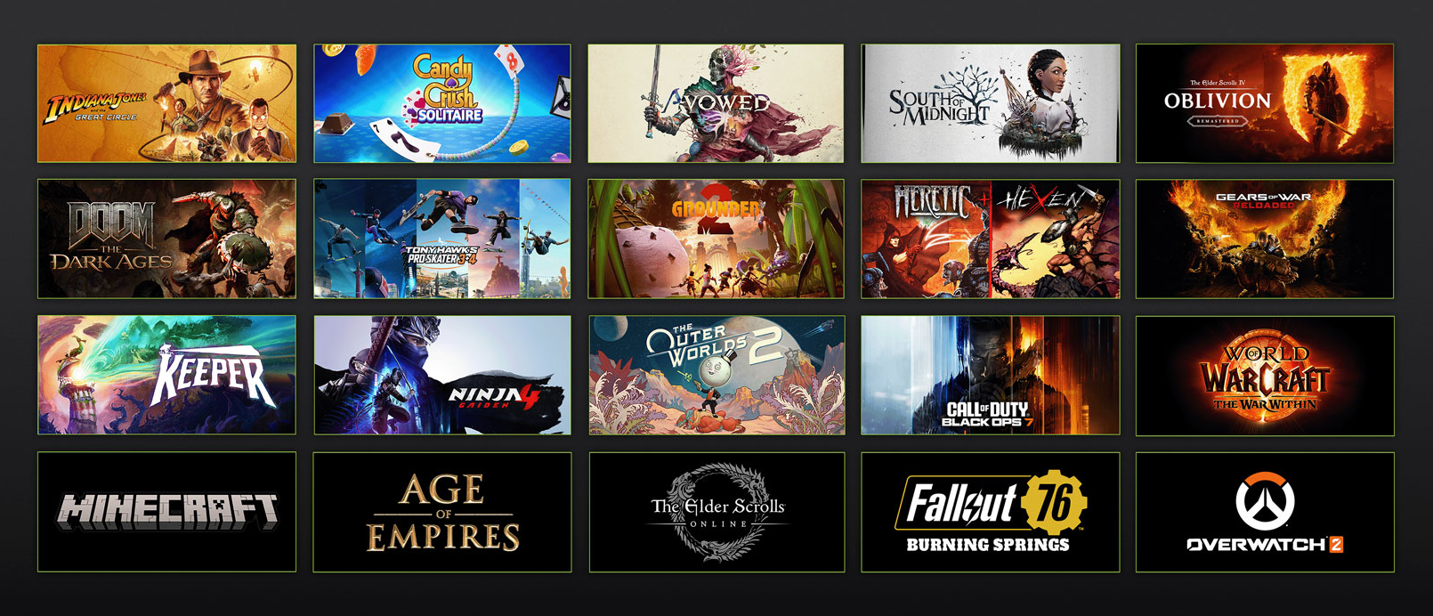 Grid of various Xbox game titles and logos on a dark background.